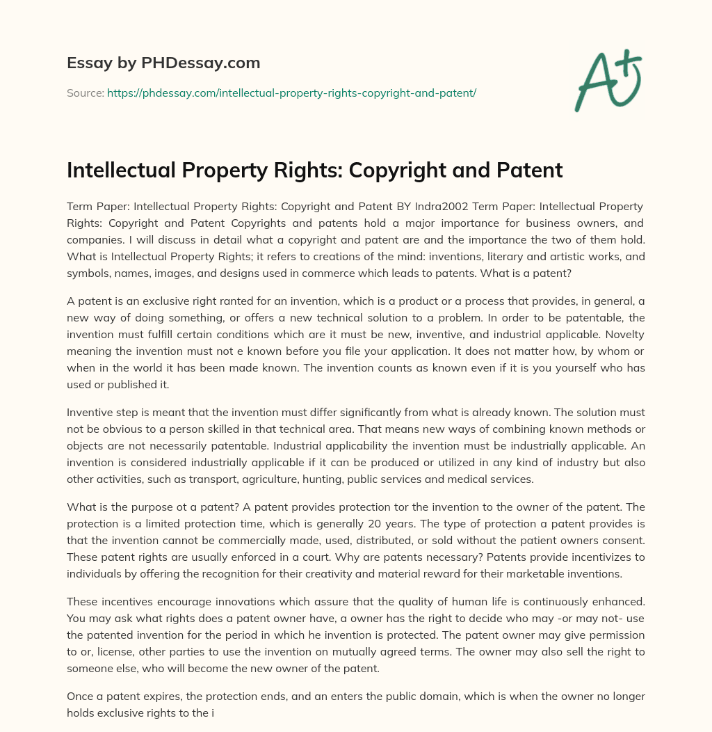 Intellectual Property Rights: Copyright and Patent - PHDessay.com