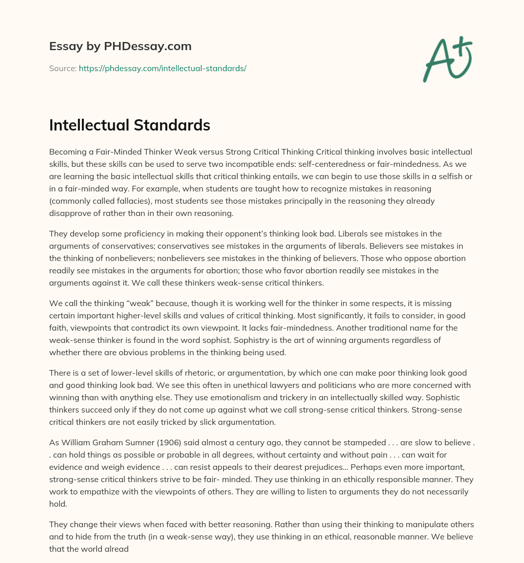 Intellectual Standards Example - PHDessay.com