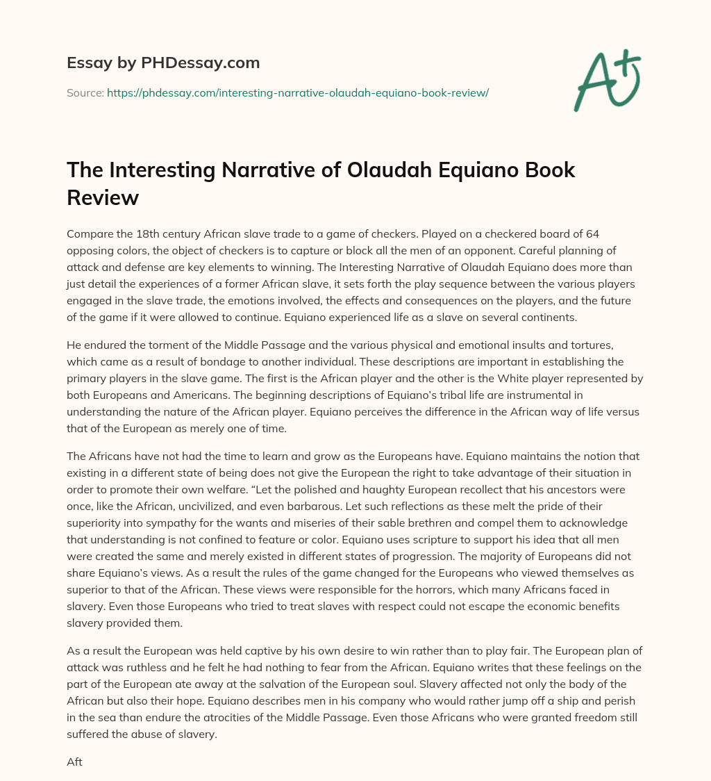 The Interesting Narrative of Olaudah Equiano Book Review - PHDessay.com