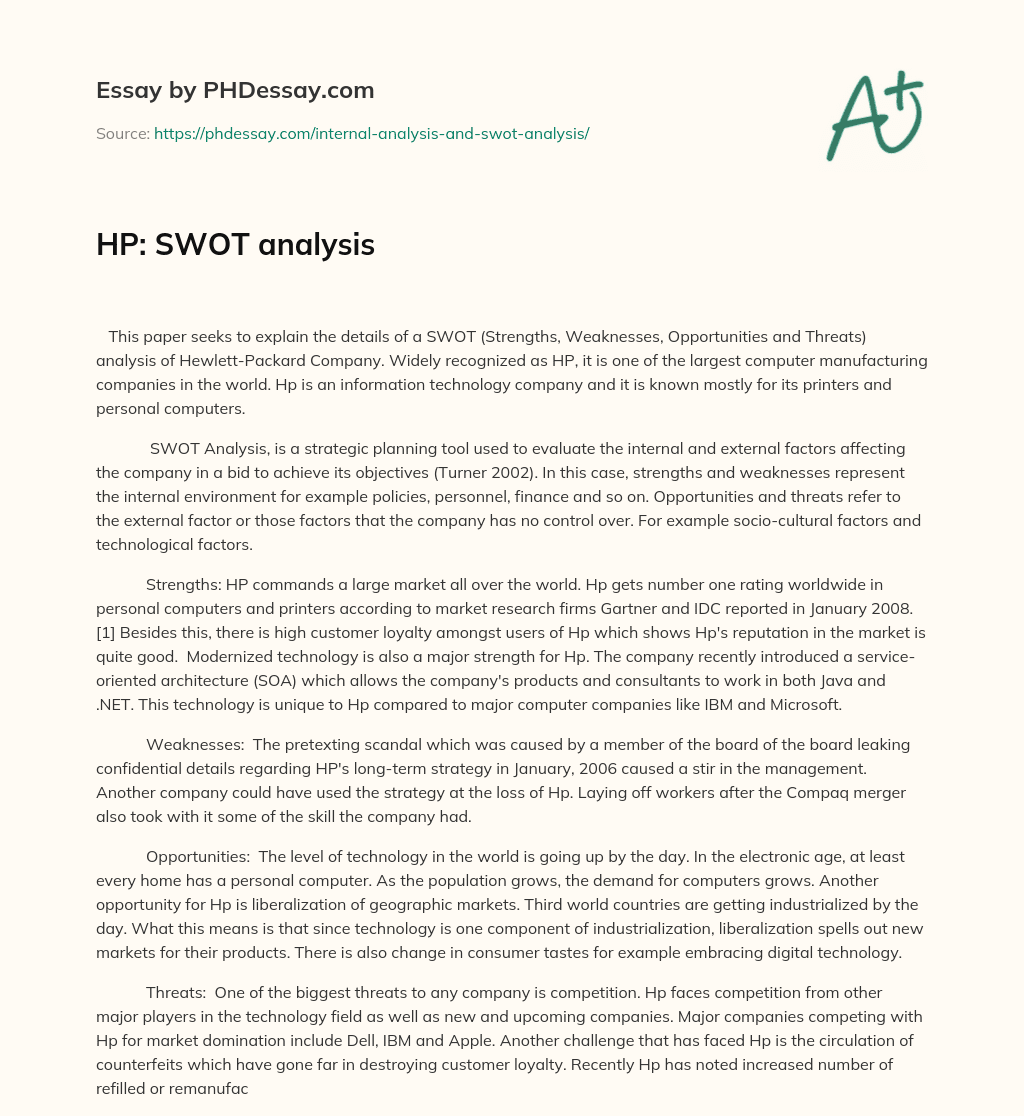 Hp: Swot Analysis Essay Example (600 Words) - PHDessay.com
