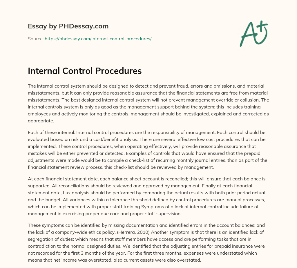 Internal Control Procedures (400 Words) - PHDessay.com