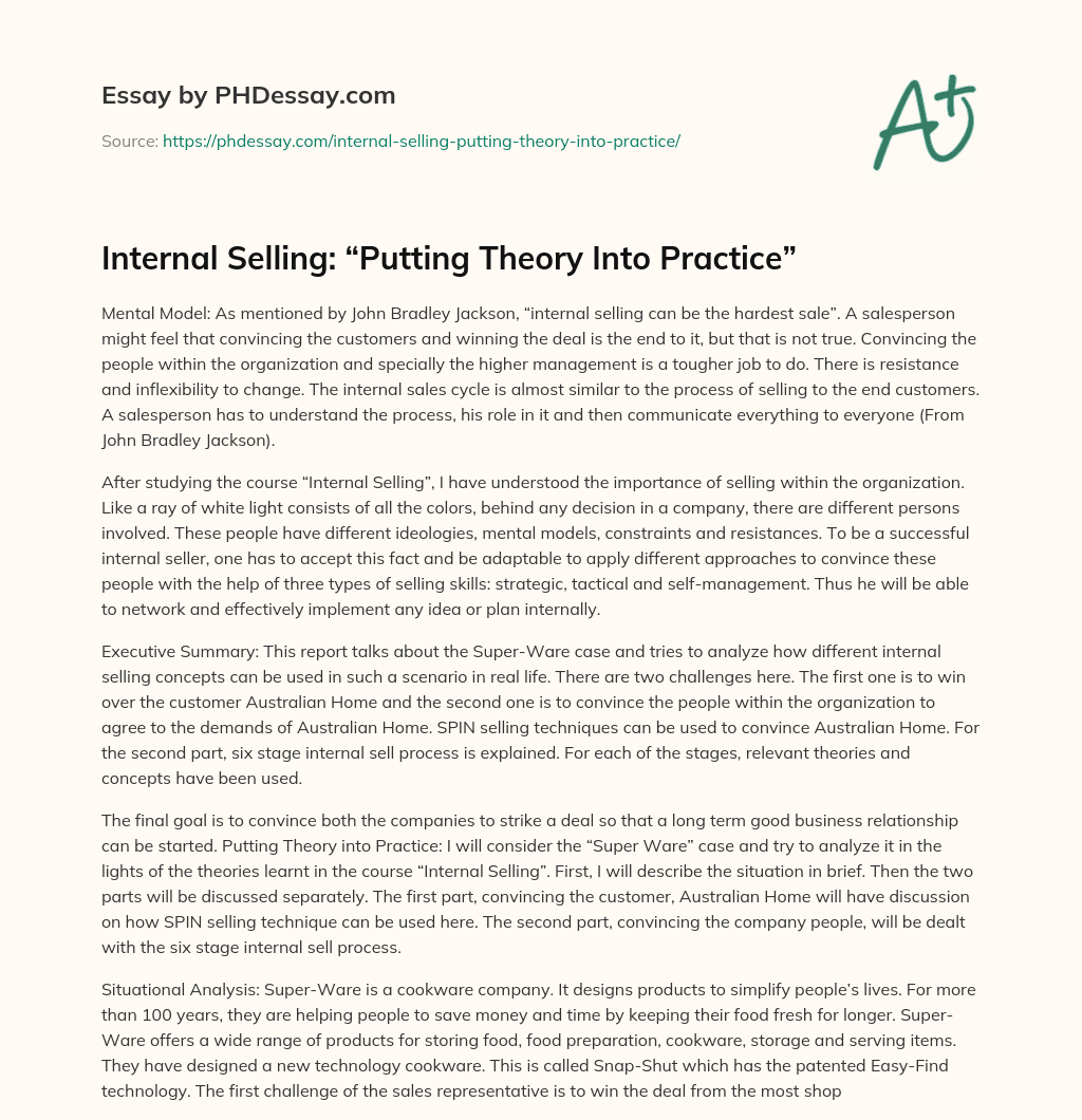 Internal Selling: “Putting Theory Into Practice” - PHDessay.com