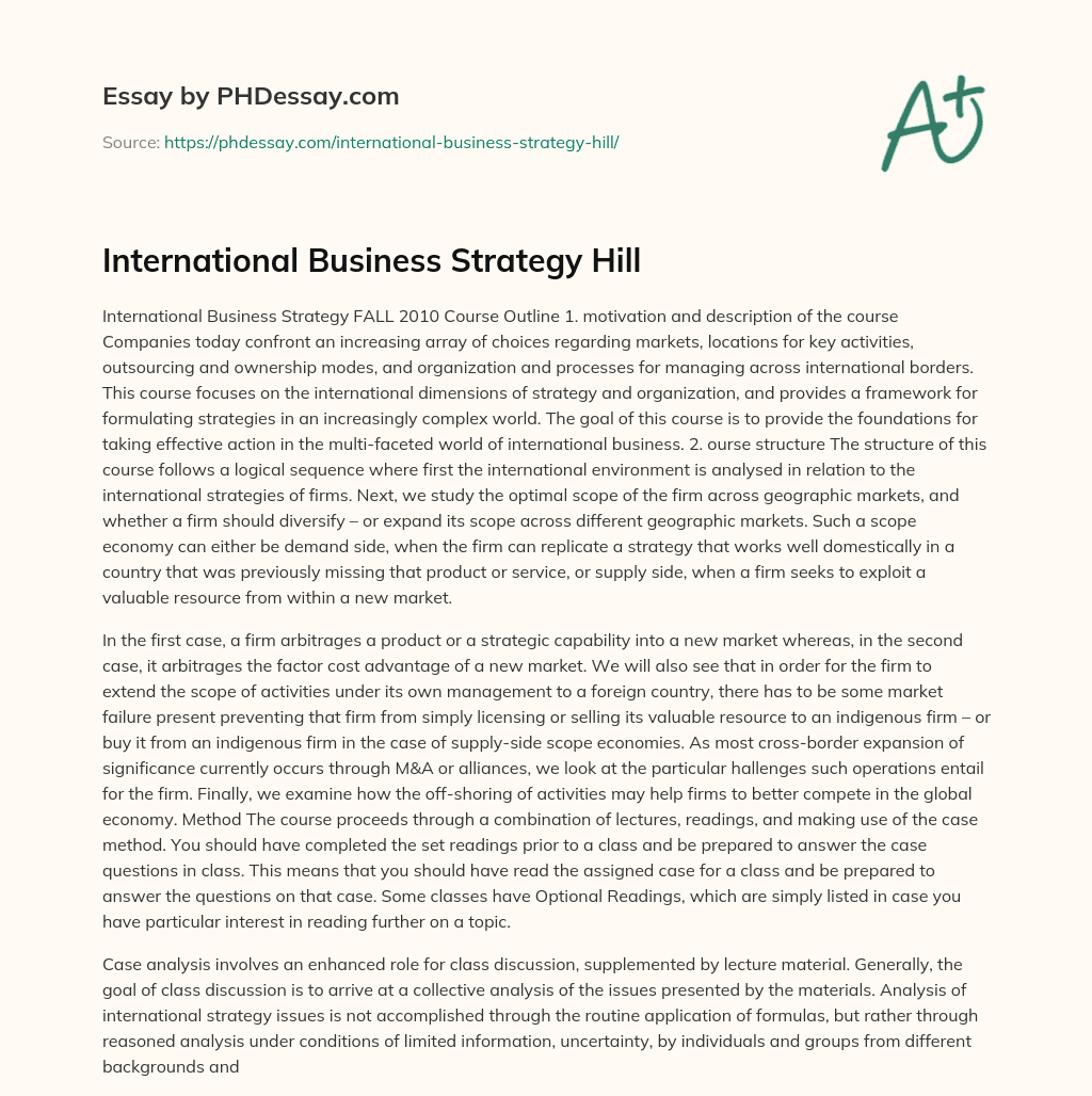 International Business Strategy Hill - PHDessay.com