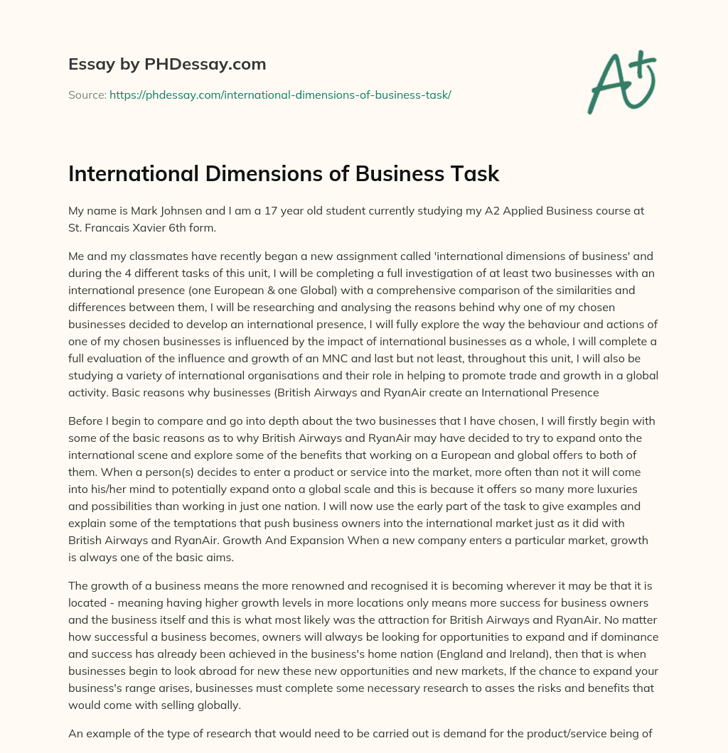 International Dimensions of Business Task - PHDessay.com