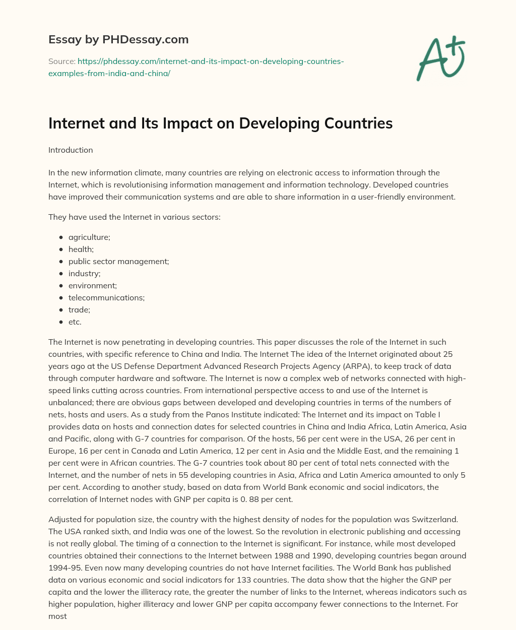 Internet and Its Impact on Developing Countries - PHDessay.com
