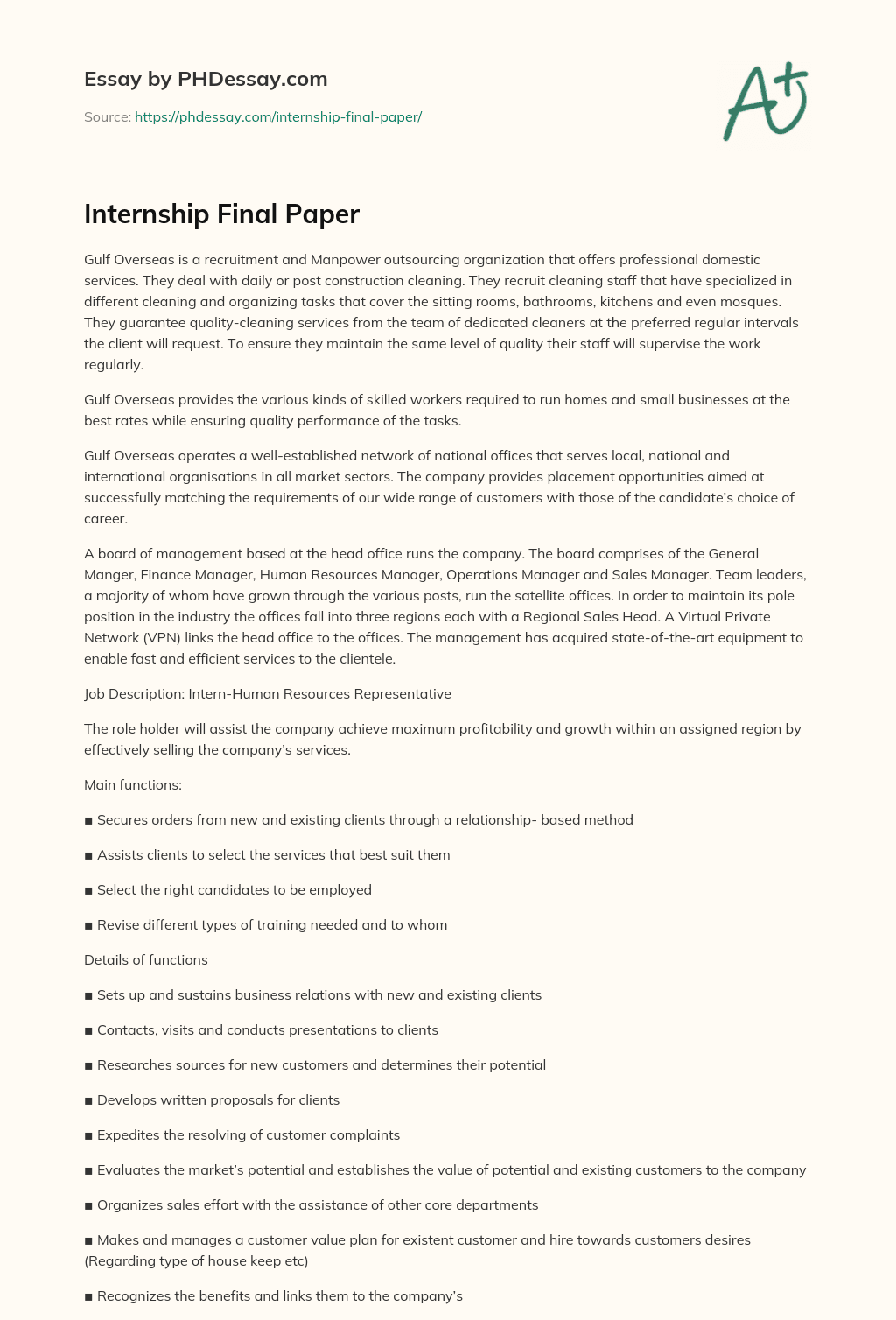 Internship Final Paper - PHDessay.com