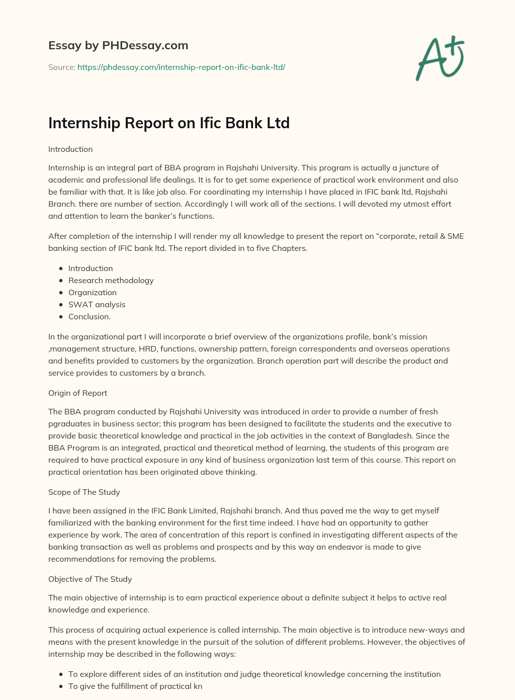 Internship Report on Ific Bank Ltd (500 Words) - PHDessay.com