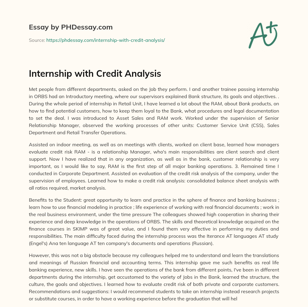 Internship with Credit Analysis (500 Words) - PHDessay.com