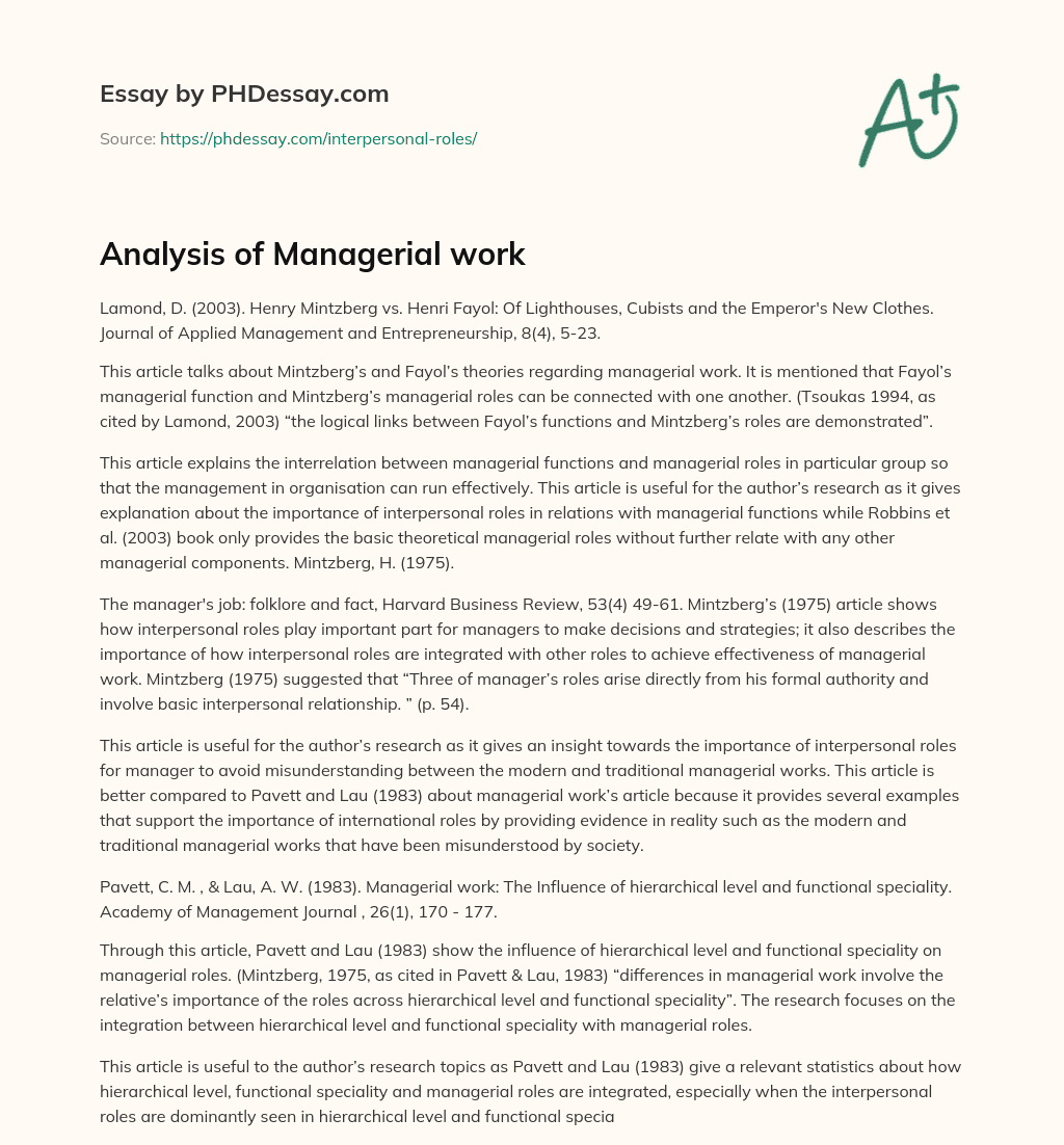 Analysis of Managerial work (600 Words) - PHDessay.com