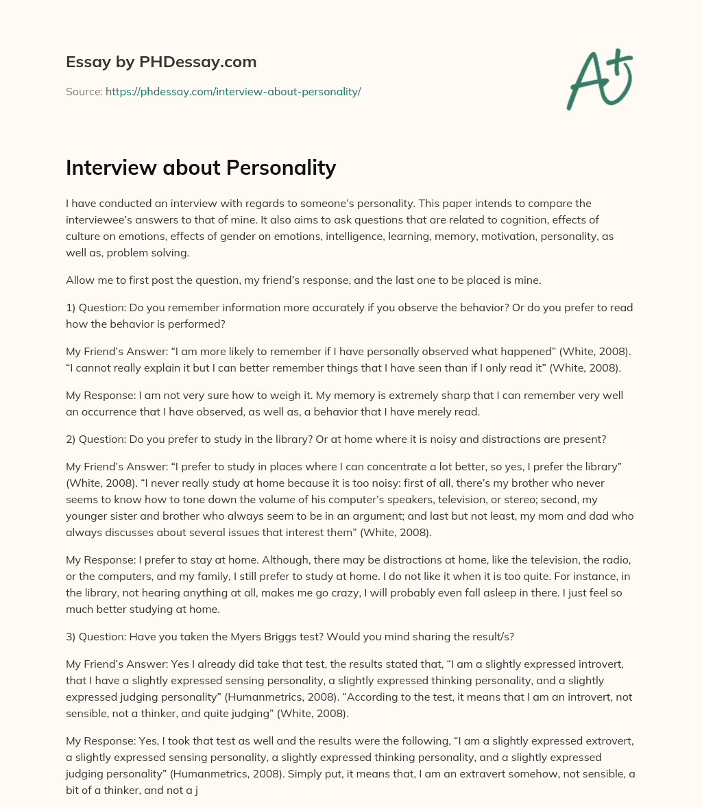 Interview about Personality - PHDessay.com