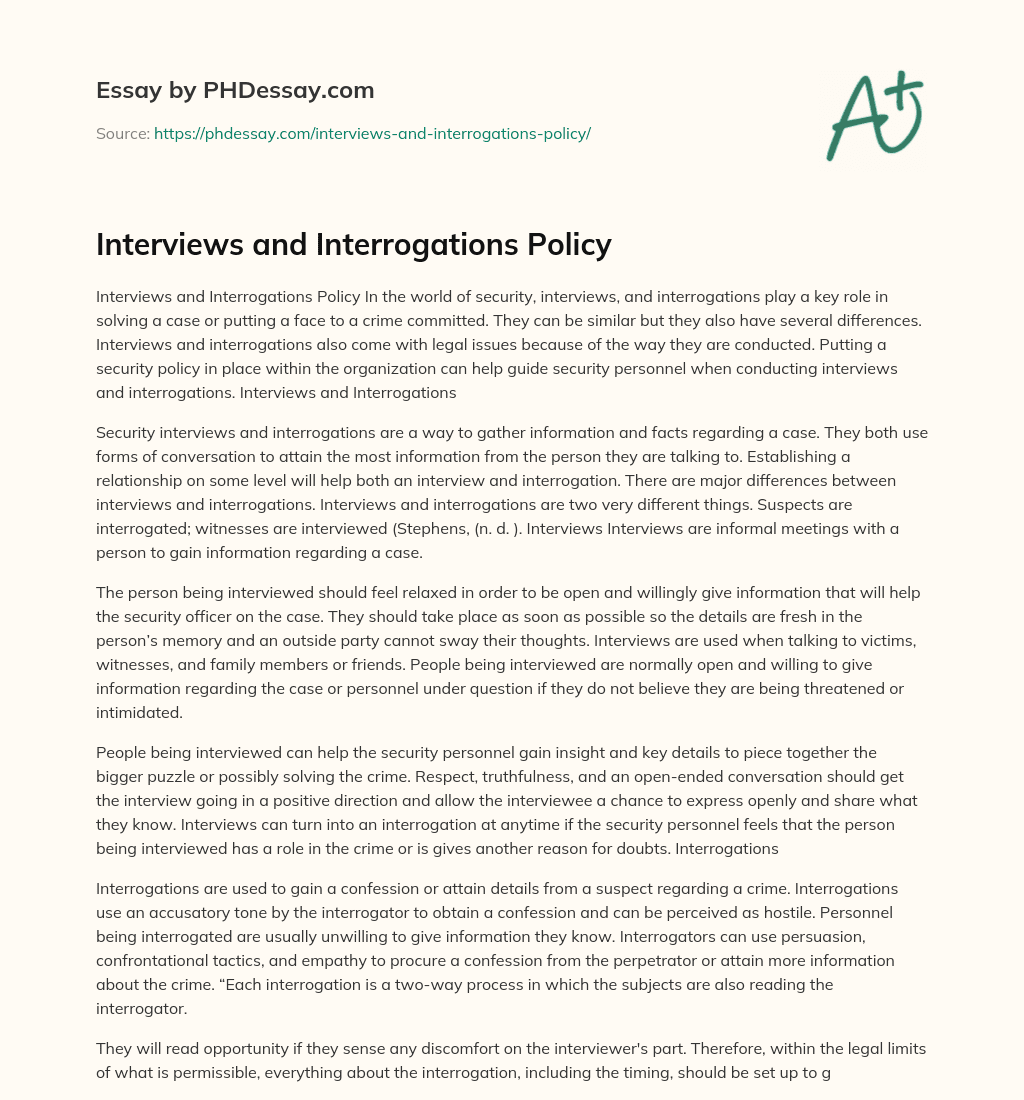 Interviews and Interrogations Policy - PHDessay.com