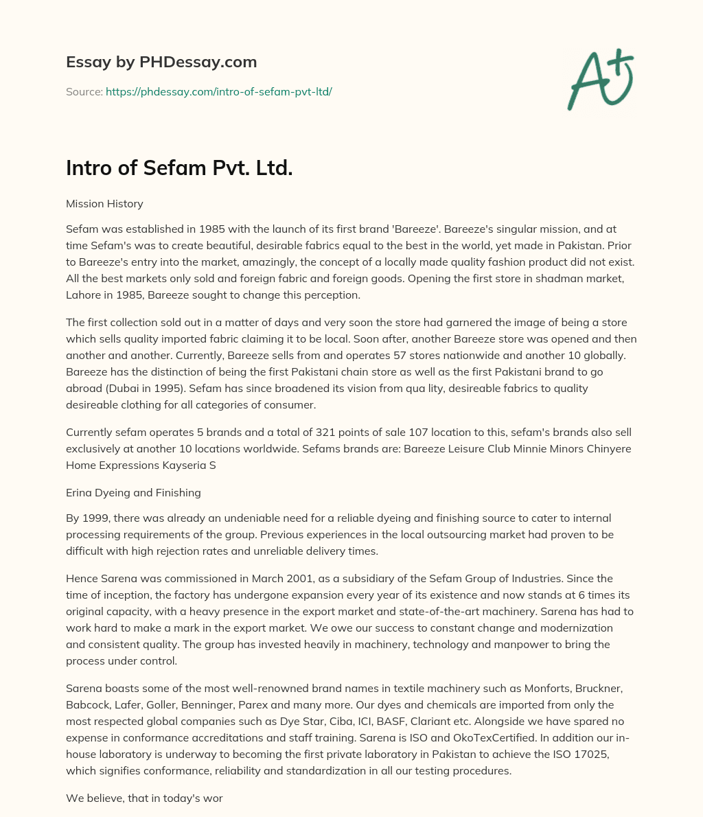 Intro of Sefam Pvt. Ltd. - PHDessay.com