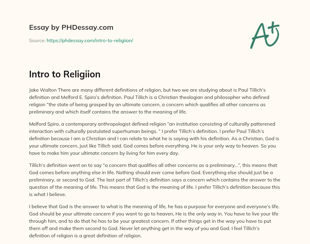 Intro to Religiion (300 Words) - PHDessay.com