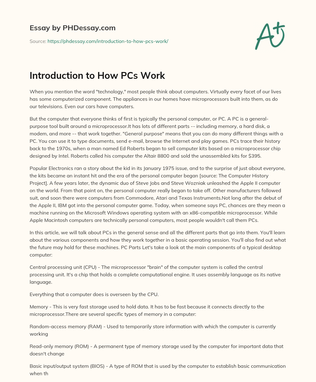 Introduction to How PCs Work - PHDessay.com