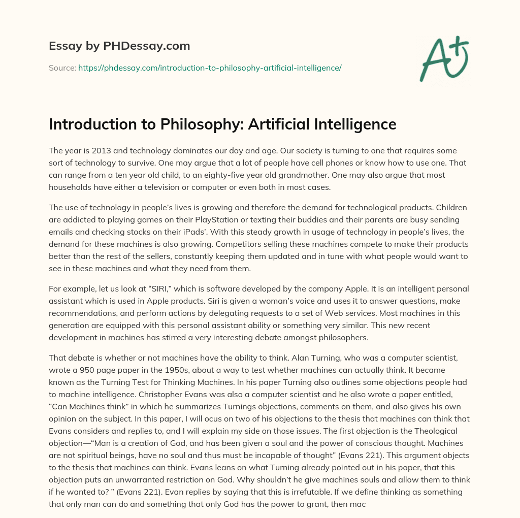 Introduction to Philosophy: Artificial Intelligence - PHDessay.com
