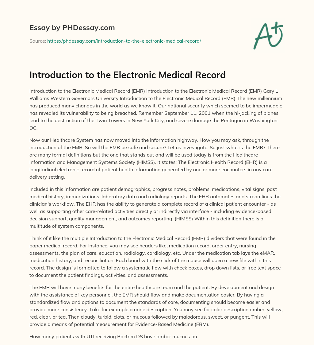 Introduction to the Electronic Medical Record - PHDessay.com