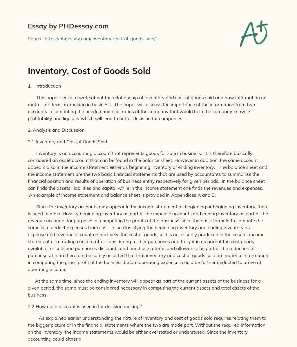 Inventory, Cost of Goods Sold - PHDessay.com