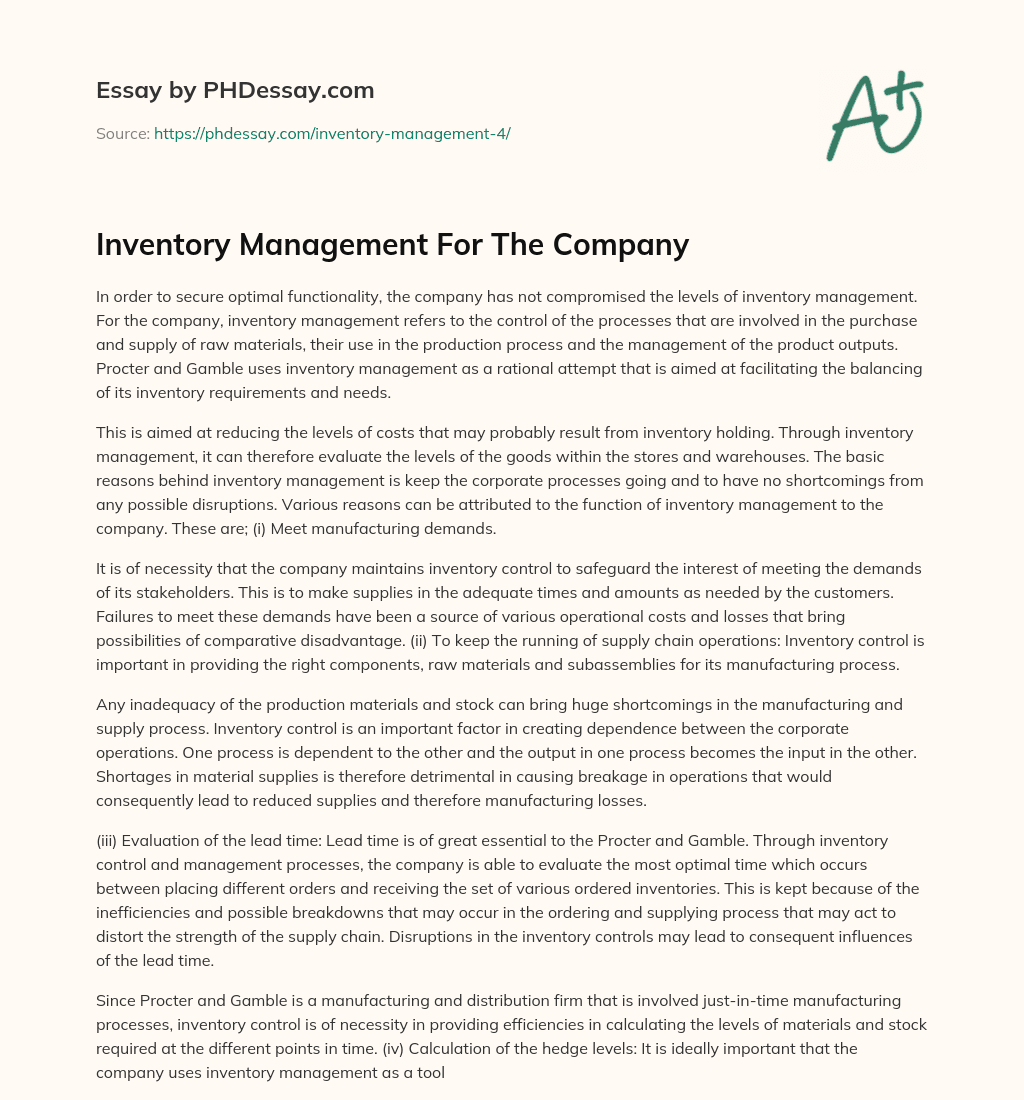 Inventory Management For The Company - PHDessay.com
