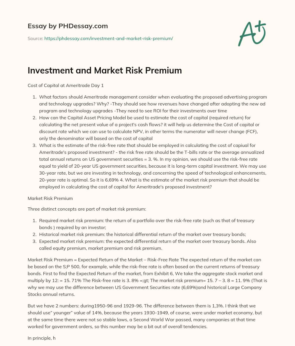 Investment and Market Risk Premium - PHDessay.com