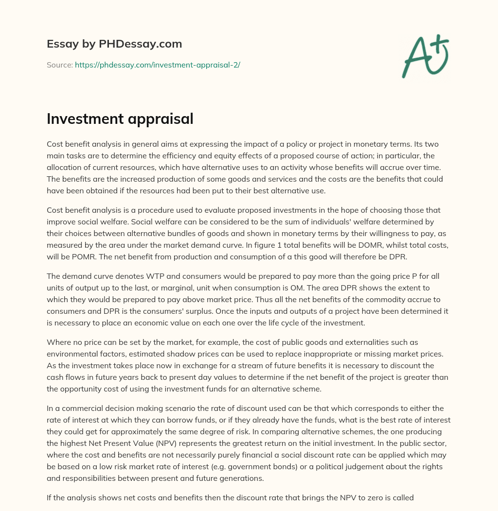 Investment appraisal - PHDessay.com