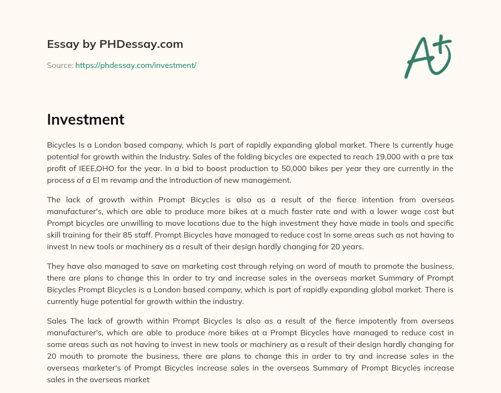 Investment (300 Words) - PHDessay.com