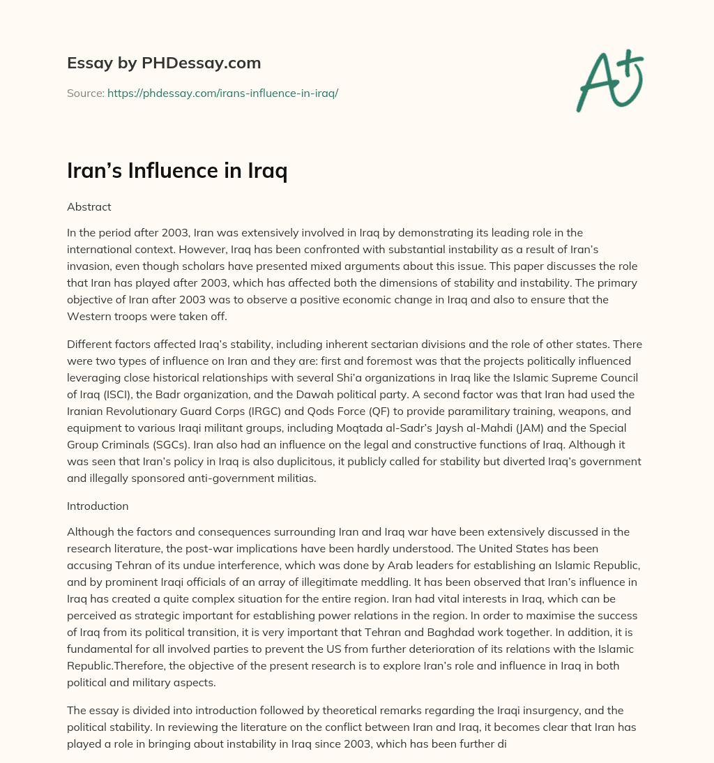 Iran’s Influence in Iraq - PHDessay.com