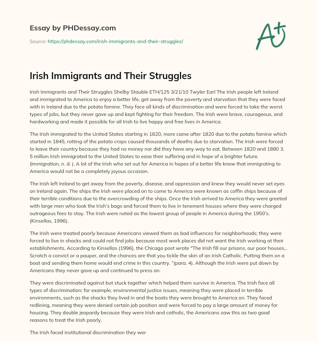 Irish Immigrants and Their Struggles - PHDessay.com