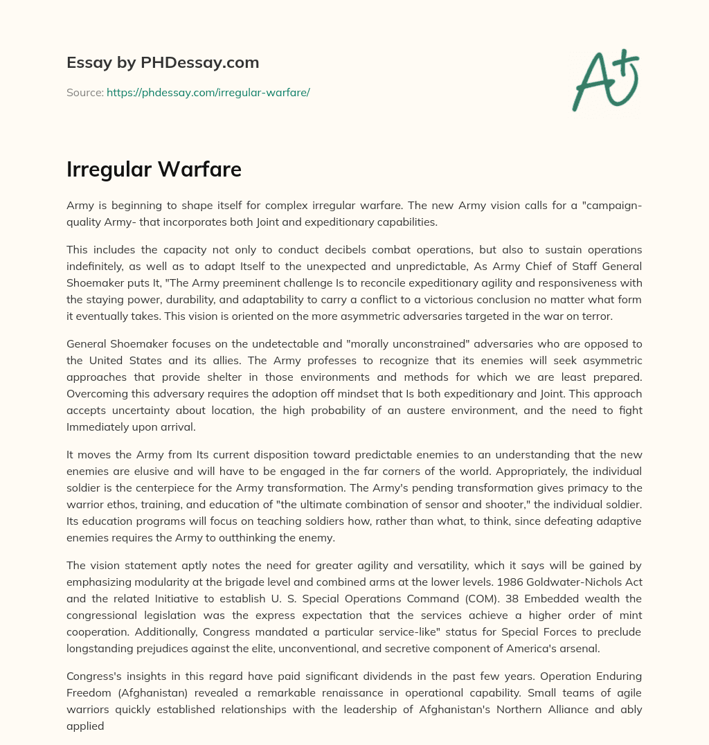 Irregular Warfare (600 Words) - PHDessay.com