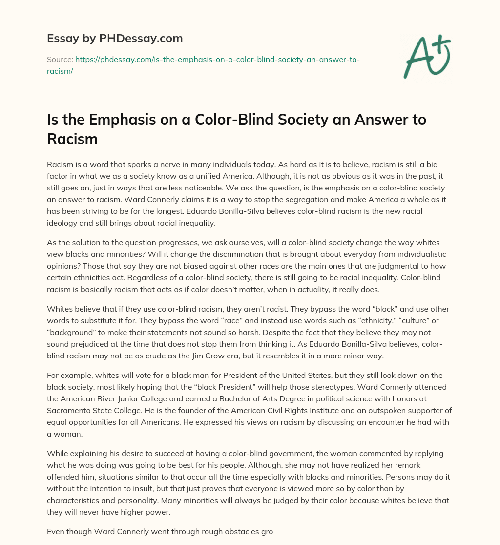 Is the Emphasis on a Color-Blind Society an Answer to Racism - PHDessay.com
