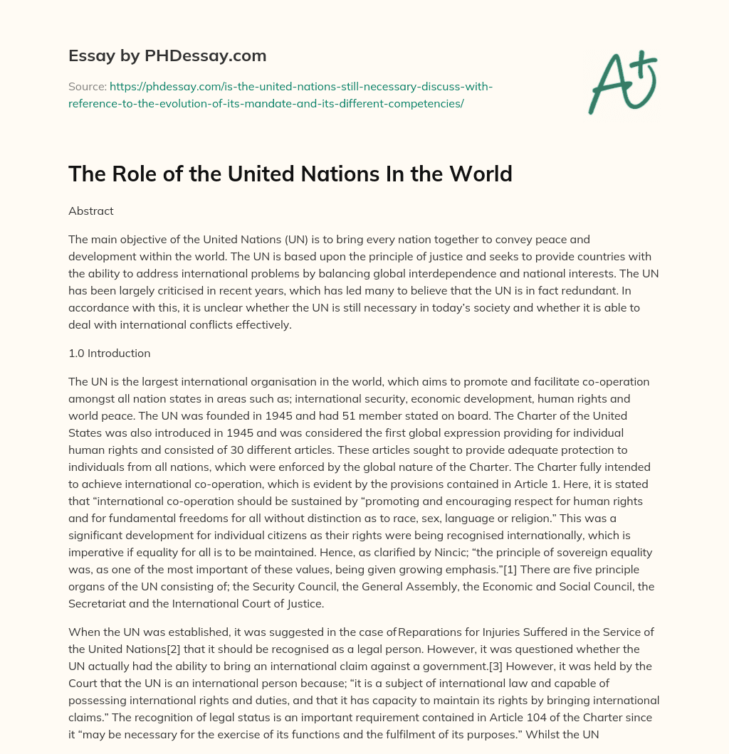 The Role of the United Nations In the World - PHDessay.com