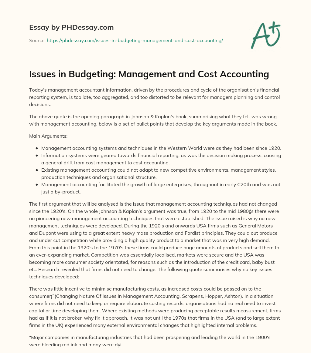 Issues in Budgeting: Management and Cost Accounting - PHDessay.com