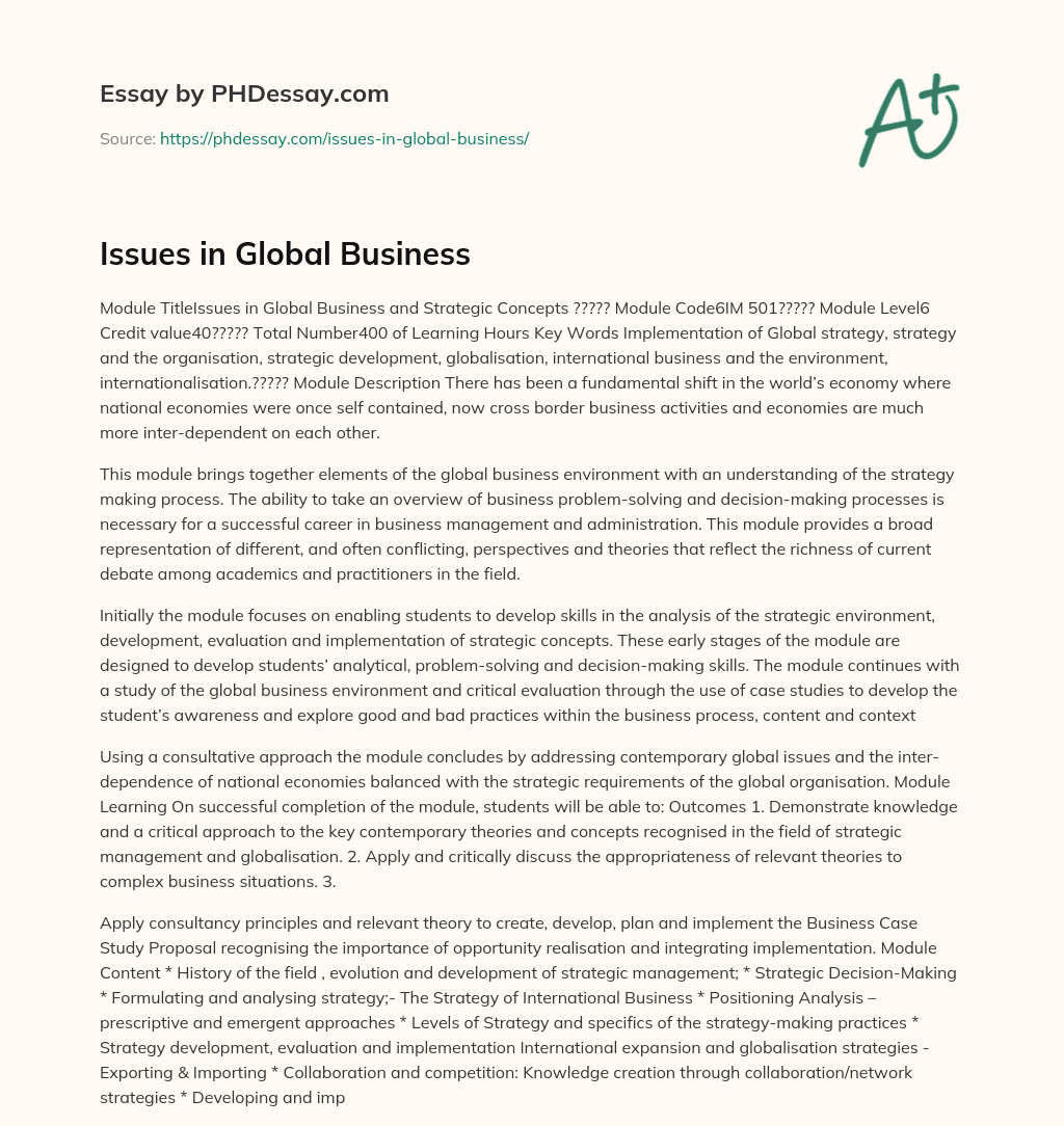 Issues in Global Business - PHDessay.com