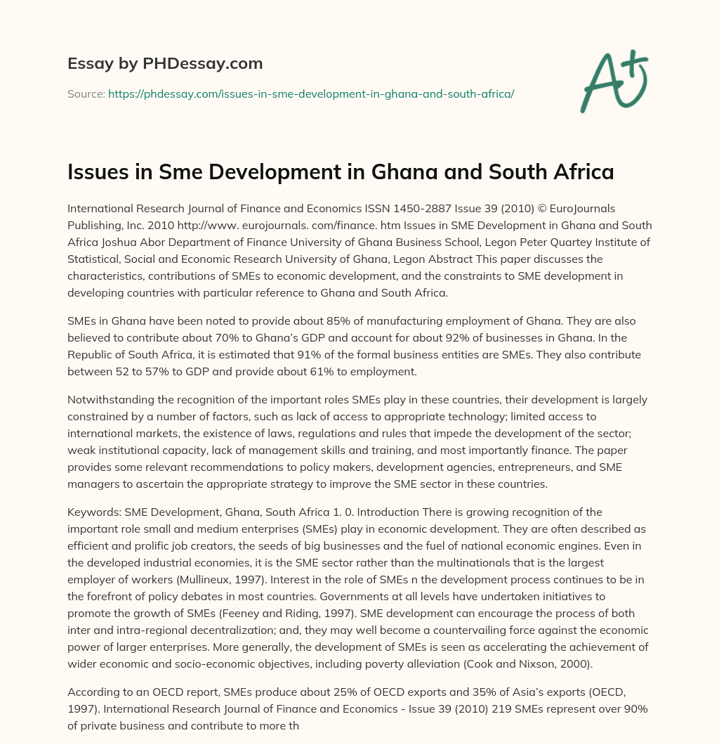 Issues in Sme Development in Ghana and South Africa - PHDessay.com