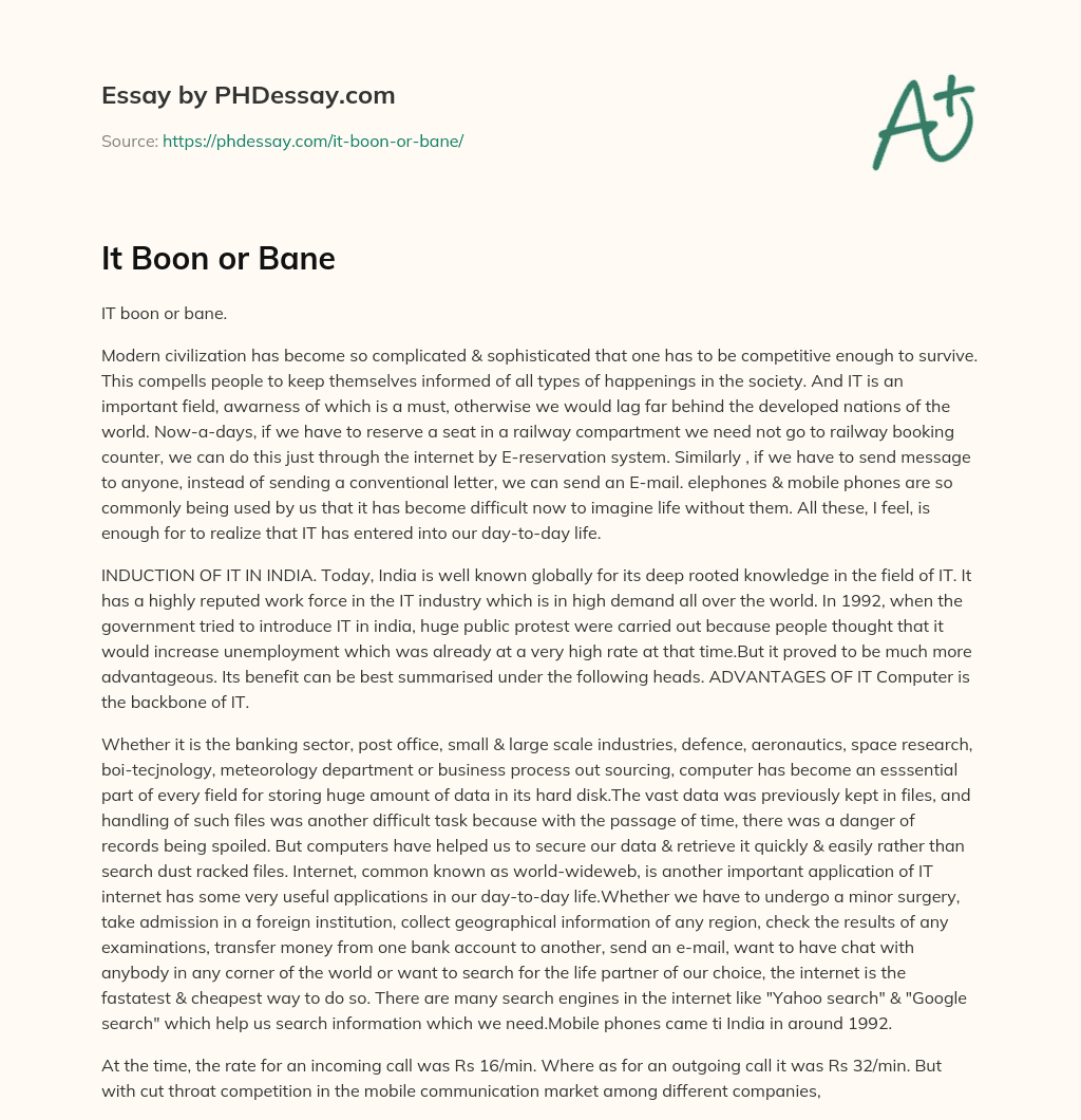 It Boon Or Bane Informative Example (600 Words) - PHDessay.com