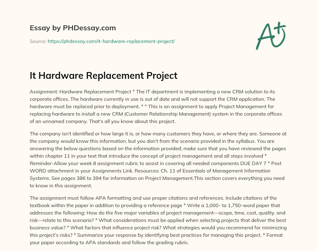 It Hardware Replacement Project - PHDessay.com