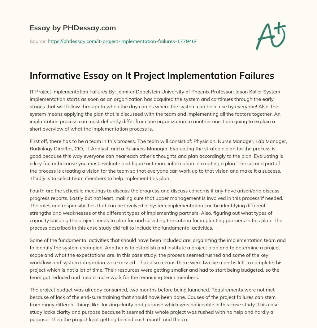 Informative Essay on It Project Implementation Failures - PHDessay.com