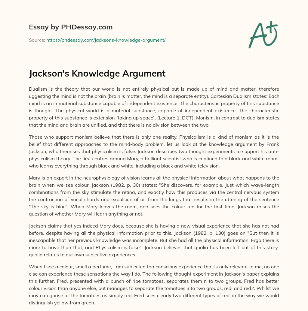 Jackson's Knowledge Argument - PHDessay.com