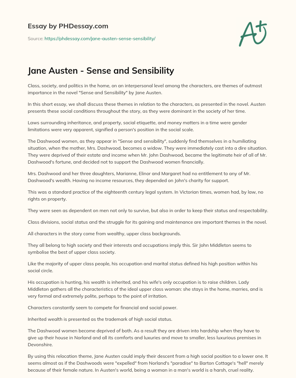 Jane Austen - Sense and Sensibility - PHDessay.com