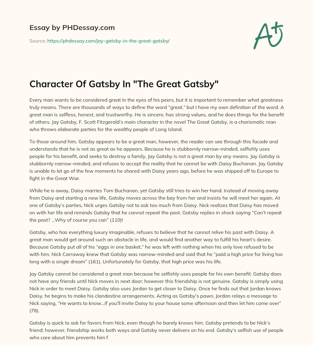 Сharacter Of Gatsby In "The Great Gatsby" - PHDessay.com