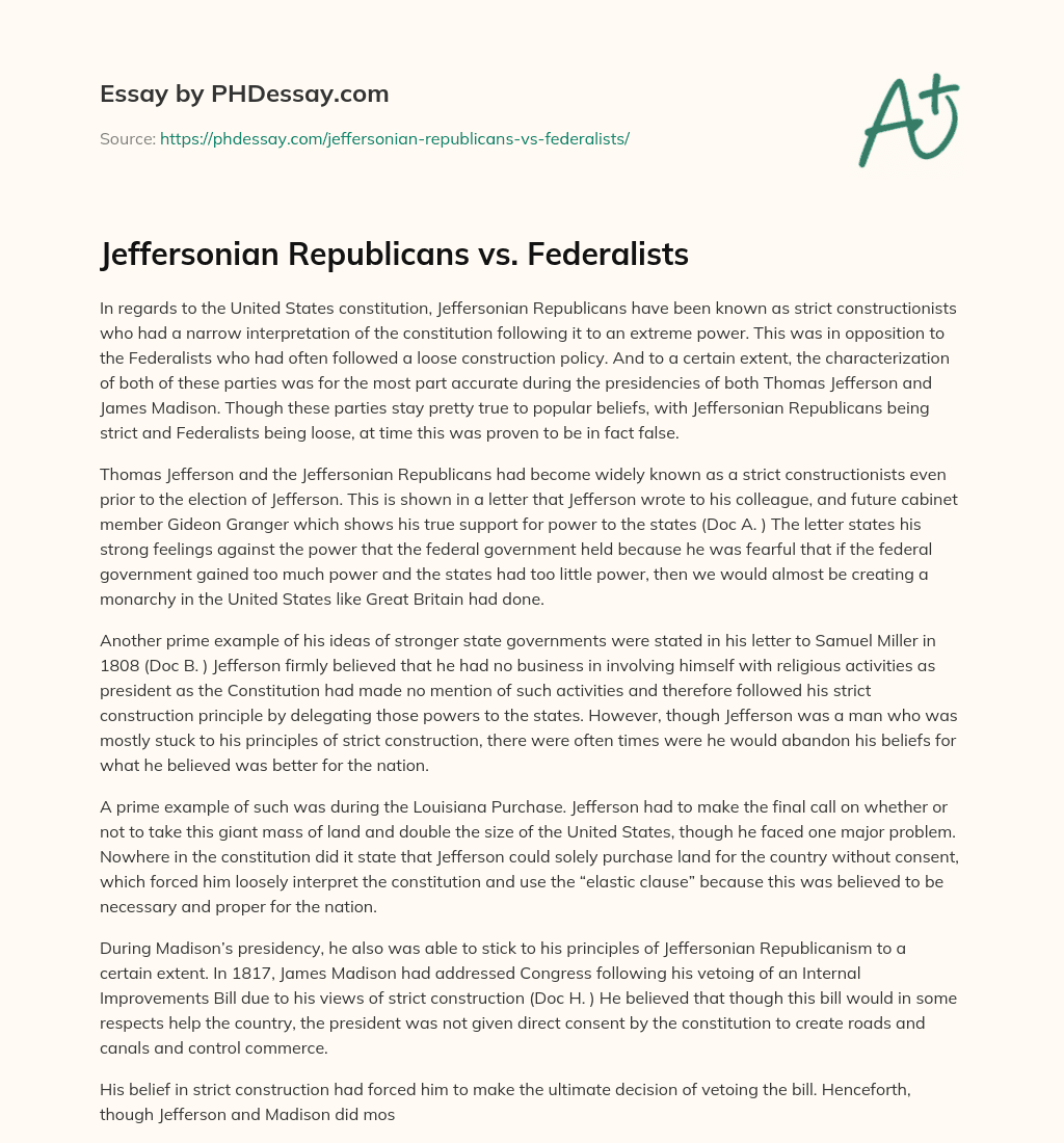 Jeffersonian Republicans vs. Federalists - PHDessay.com