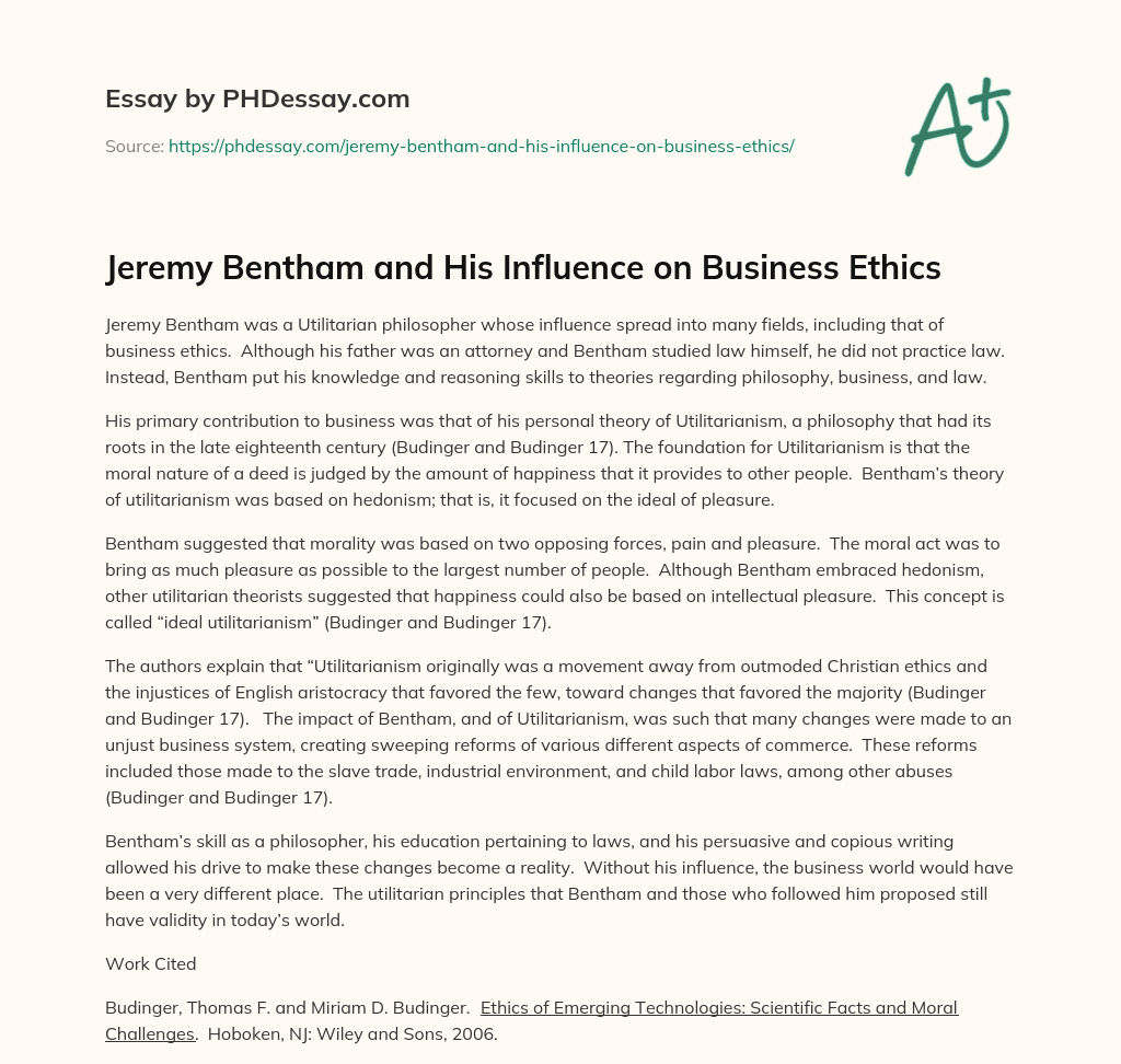 Jeremy Bentham and His Influence on Business Ethics (300 Words ...