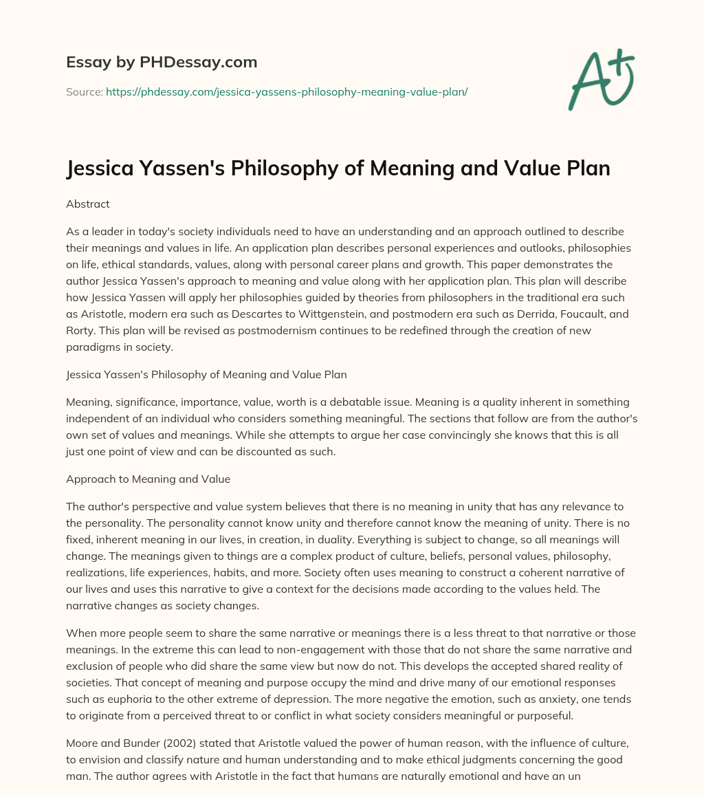 Jessica Yassen's Philosophy of Meaning and Value Plan - PHDessay.com