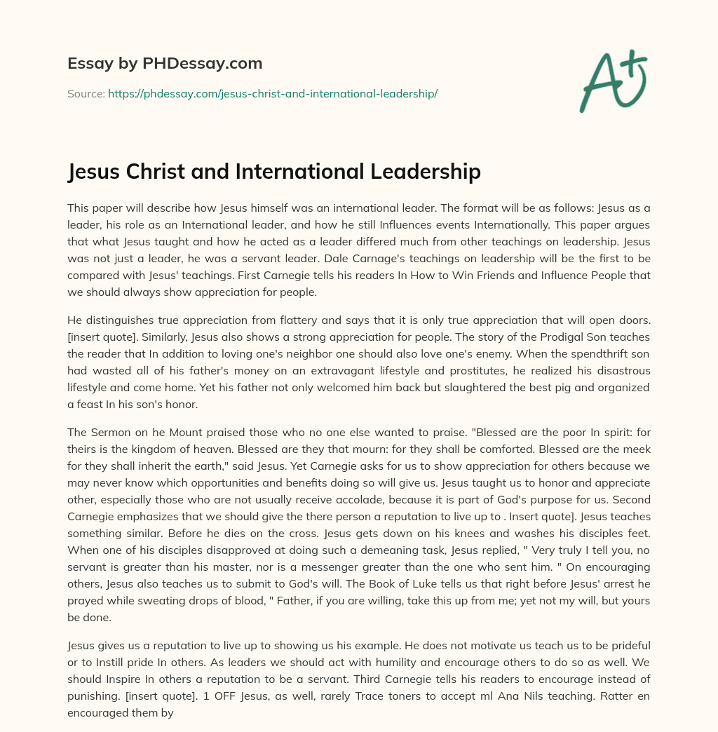 Jesus Christ And International Leadership Essay Example - PHDessay.com