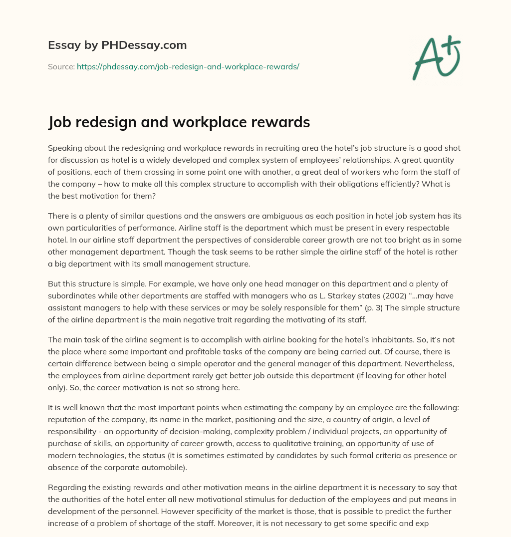 Job redesign and workplace rewards - PHDessay.com