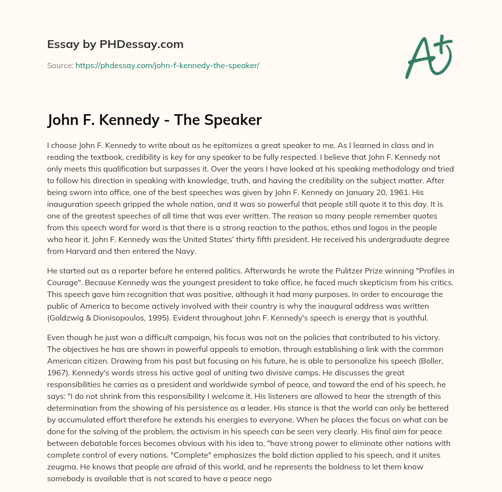 John F. Kennedy - The Speaker - PHDessay.com