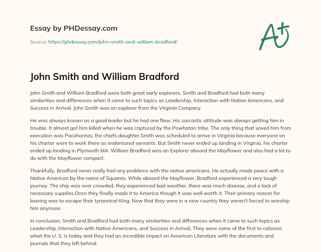 John Smith and William Bradford (300 Words) - PHDessay.com