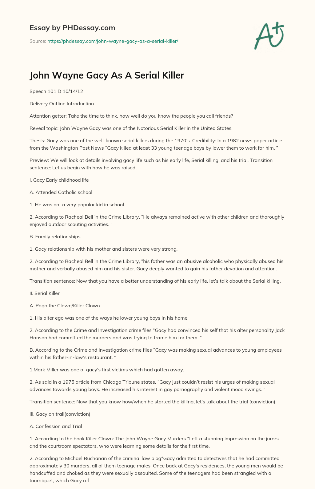 John Wayne Gacy As A Serial Killer Informative Speech Sample - PHDessay.com