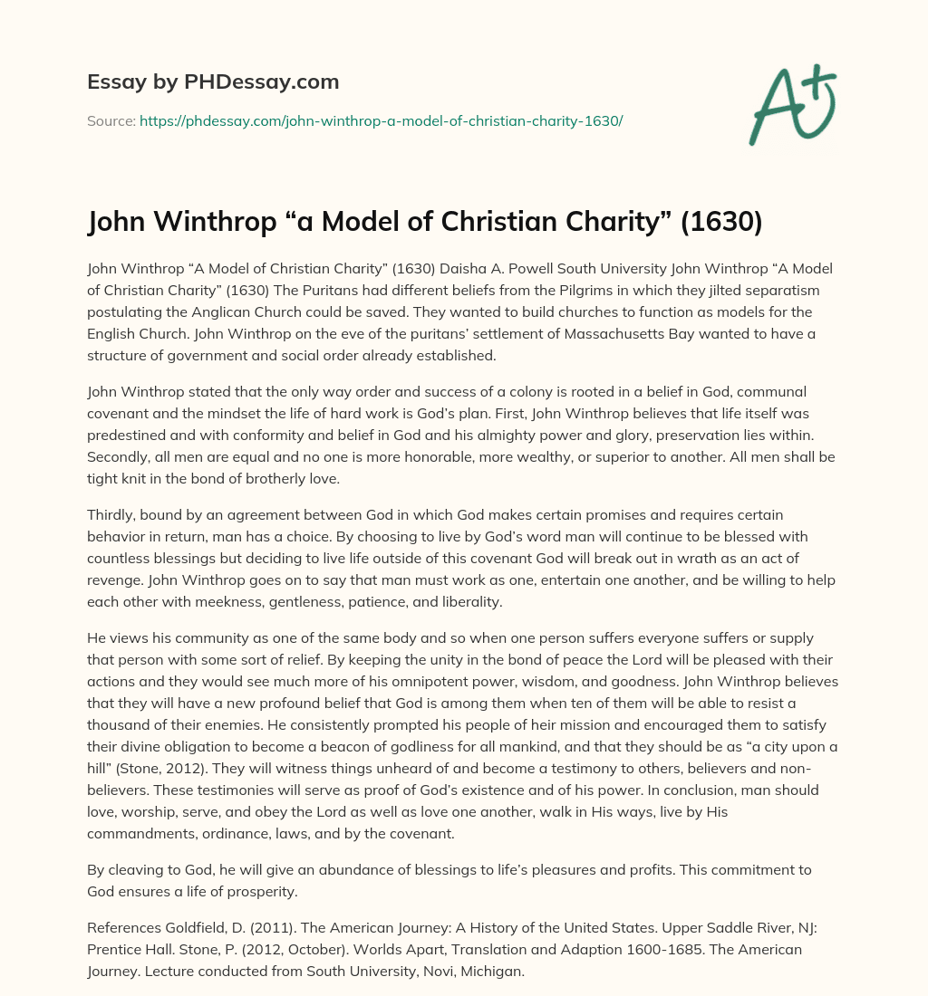John Winthrop “a Model of Christian Charity” (1630) (500 Words ...
