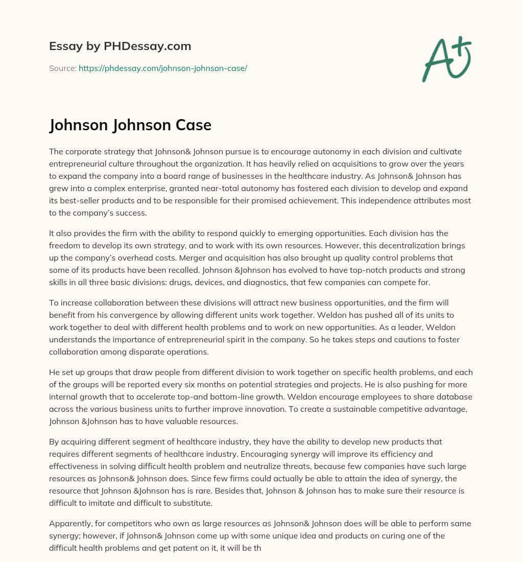 Johnson Johnson Case - PHDessay.com
