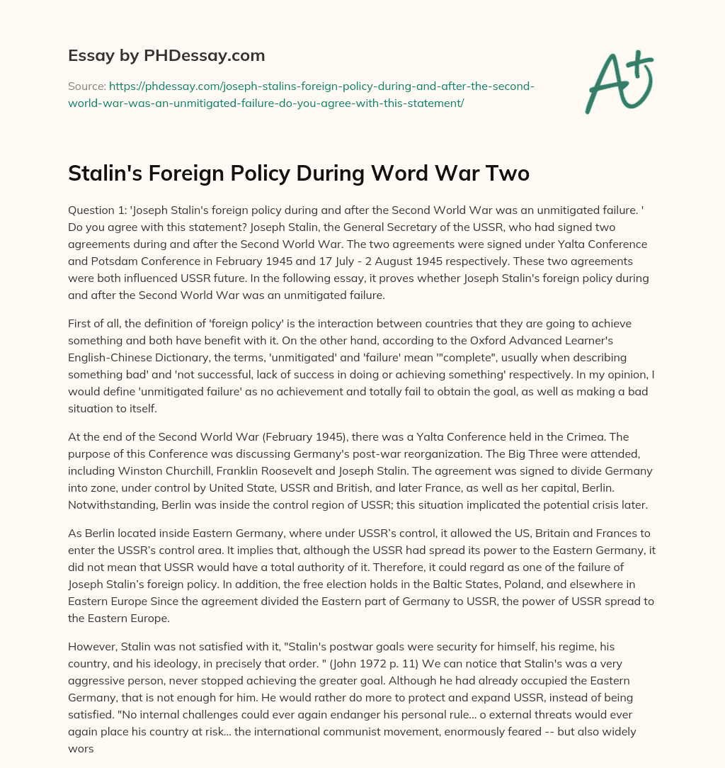 Stalin's Foreign Policy During Word War Two - PHDessay.com